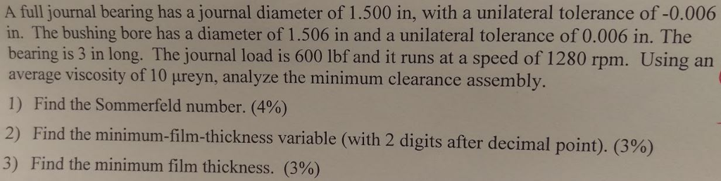 Solved A full journal bearing has a journal diameter of | Chegg.com