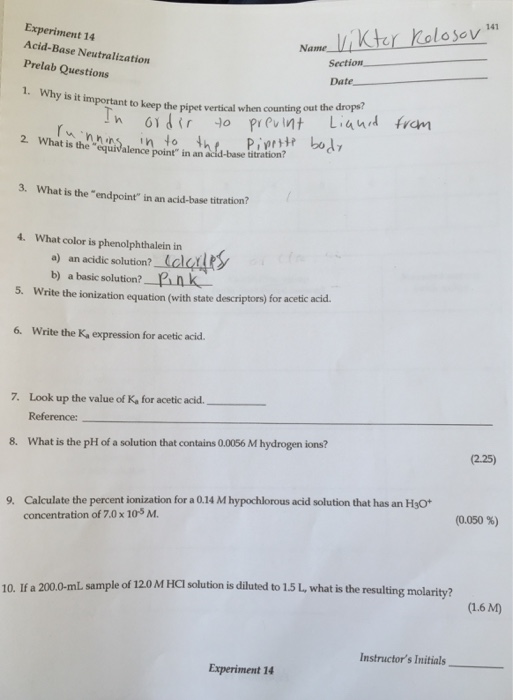 Solved 141 Experiment 14 Name Acid-Base Neutralization | Chegg.com