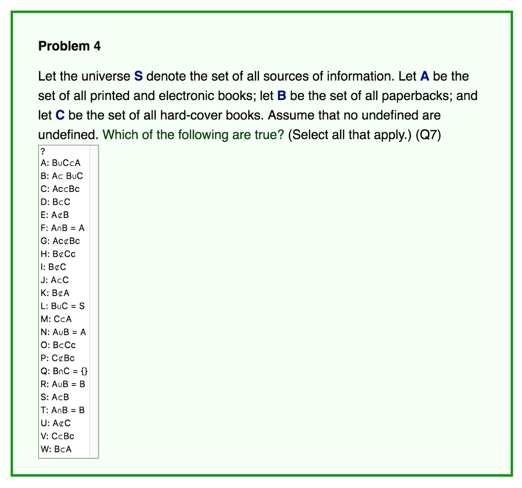 Solved Problem 4 Let The Universe S Denote The Set Of All 