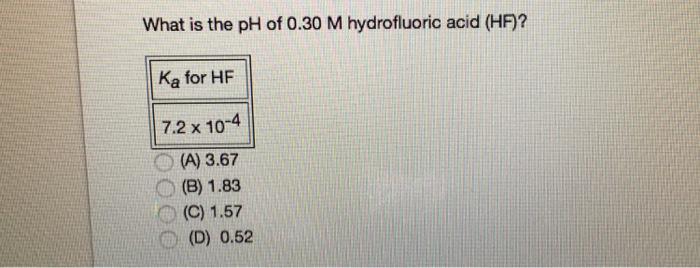 Solved What is the pH of 0.30 M hydrofluoric acid (HF)? | Chegg.com