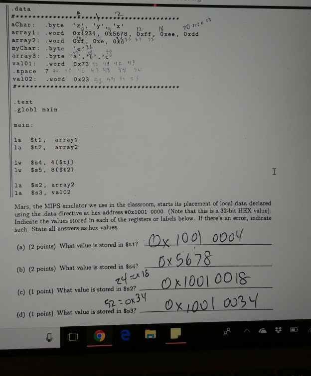 Solved data 2 achar : .byte ‘ , 'y,,e.x, array1: word | Chegg.com