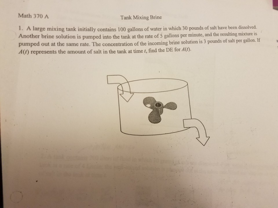 Solved A large mixing tank initially contains 100 gallons of | Chegg.com