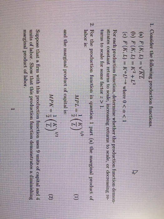 Solved Consider the following production functions. F (K, | Chegg.com Solved Consider the following production functions. F (K, | Chegg.com