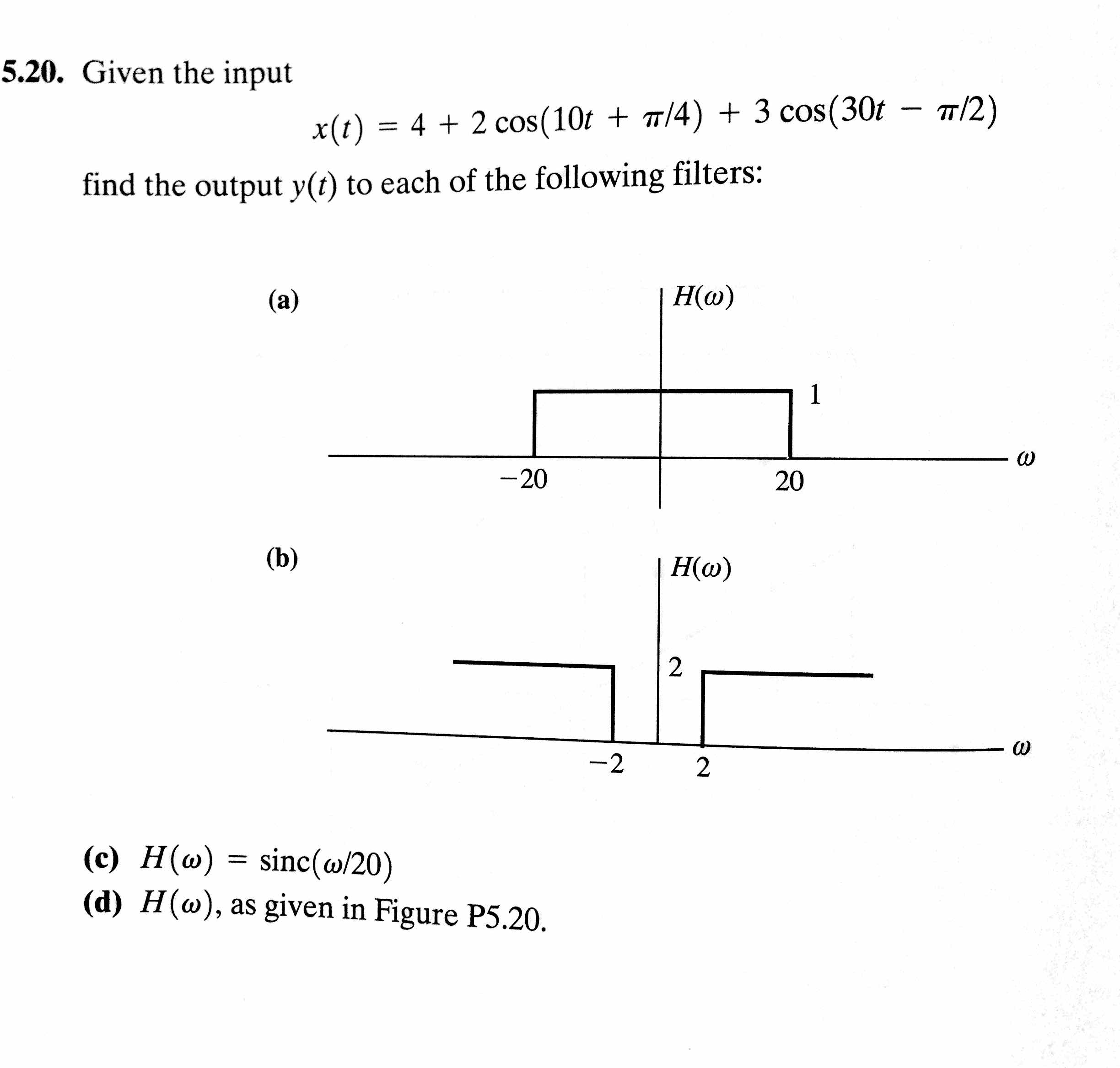Solved 5.20. Given the input x(t) = 4 + 2 cos(10t + pi/4) + | Chegg.com