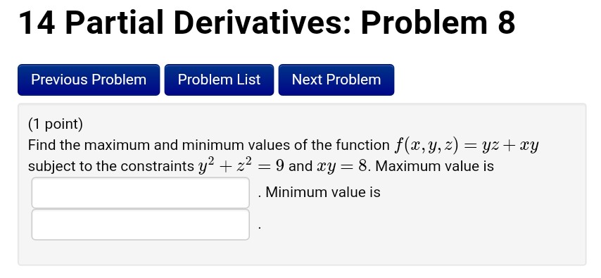 Solved 14 Partial Derivatives: Problem 8 Previous Problem | Chegg.com