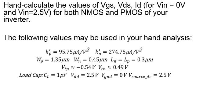 Solved Hand-calculate the values of Vgs, Vds, Id (for Vin = | Chegg.com