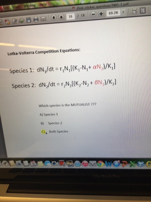 Solved Lotka-Volterra Competition Equations : Species 1: | Chegg.com