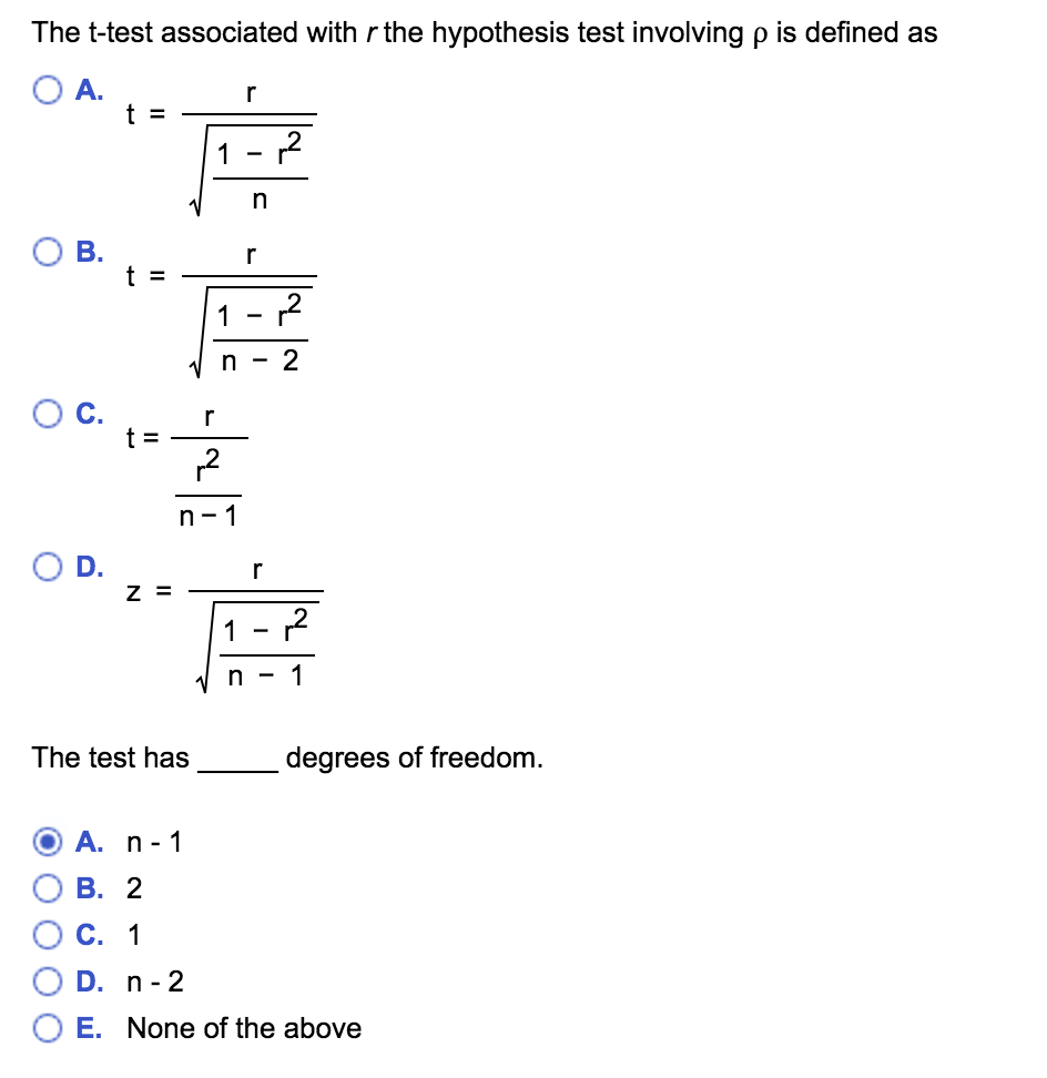 Solved The t-test associated with r the hypothesis test | Chegg.com