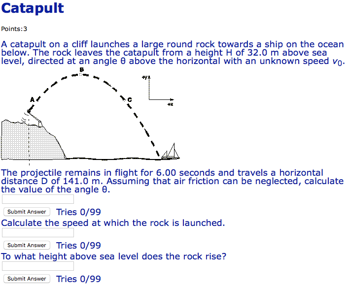 Solved Catapult Points:3 A catapult on a cliff launches a | Chegg.com