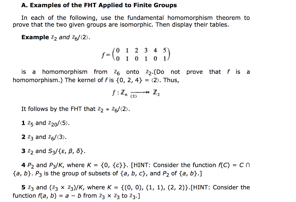 Solved A. Examples of the FHT Applied to Finite Groups In | Chegg.com