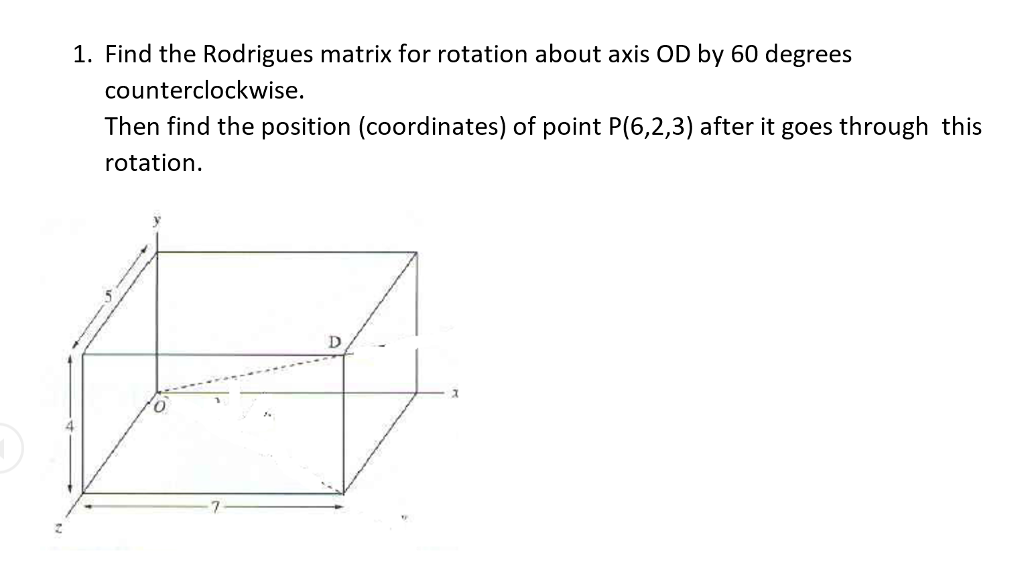 Solved Find the Rodrigues matrix for rotation about axis OD | Chegg.com