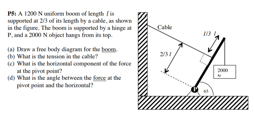 Solved P5: A 1200 N uniform boom of length lis supported at | Chegg.com