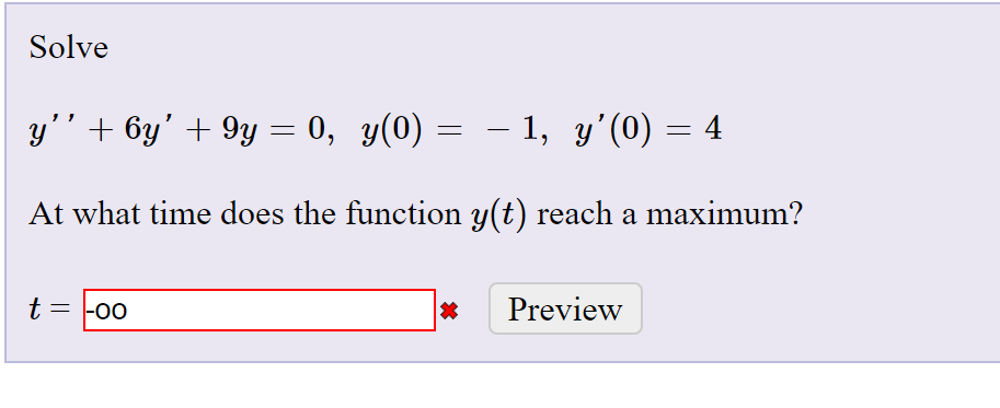 Solved Solve y''+6y'+9y=0, y(0)=?1, y'(0)=4y??+6y?+9y=0, | Chegg.com
