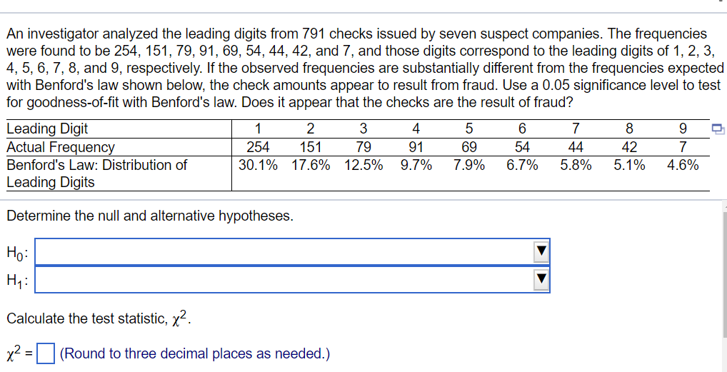 Solved An investigator analyzed the leading digits from 791 | Chegg.com