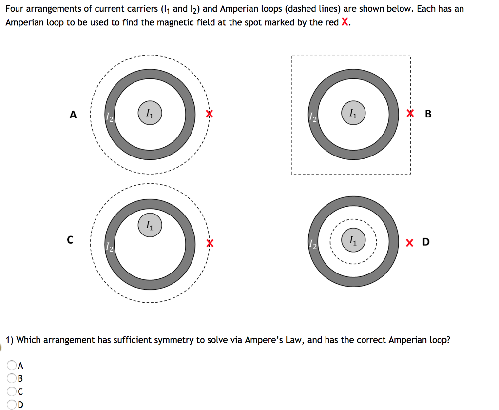 Solved Four arrangements of current carriers (11 and l2) and | Chegg.com
