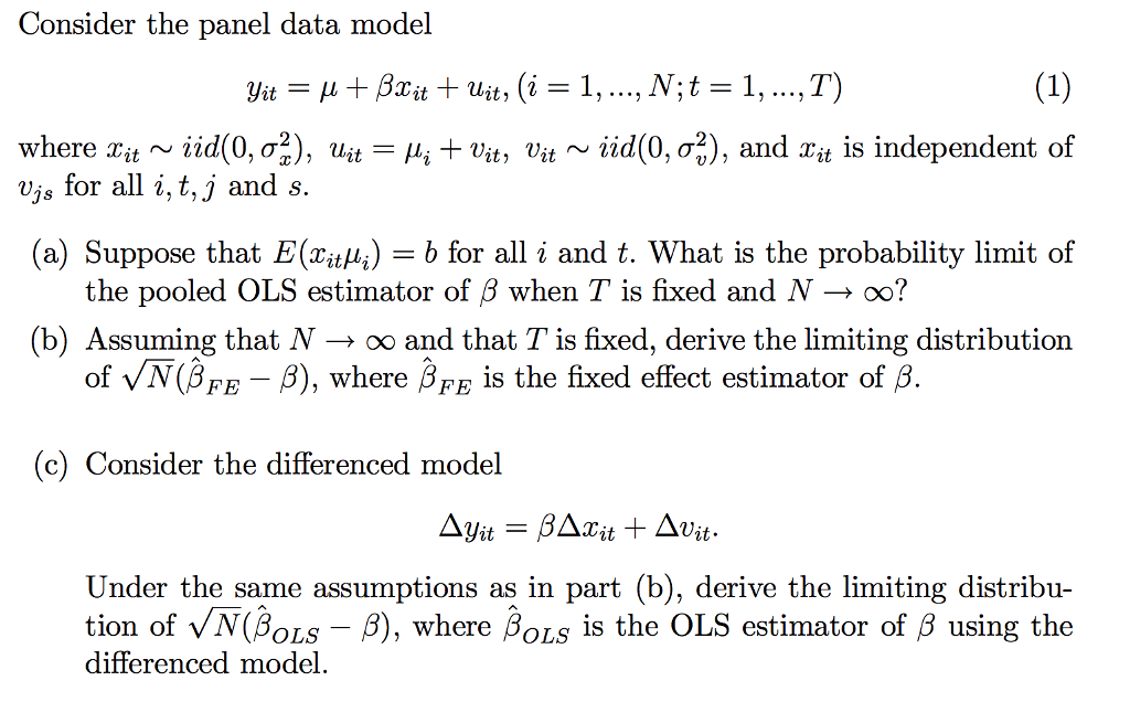 (1) Consider the panel data model Yit = p + Bxit + | Chegg.com