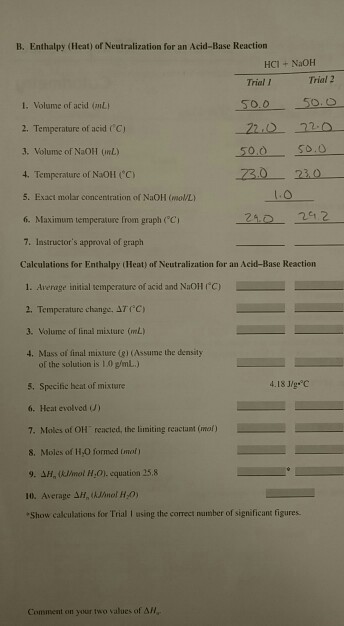 Solved B. Enthalpy (Heat) of Neutralization for an Acid-Base | Chegg.com