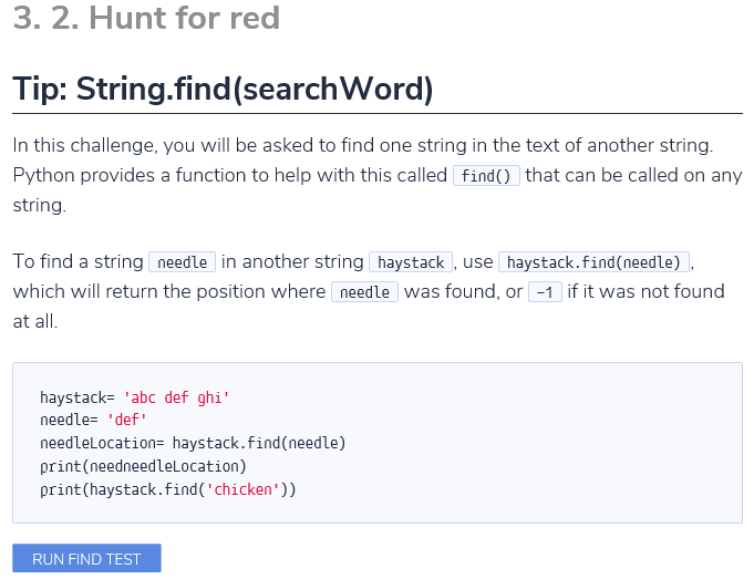 Solved 3.2. Hunt for red Tip: String.find(searchWord) In | Chegg.com