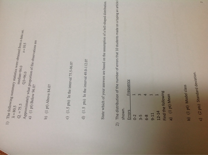 Solved 1 The Following Summary Statistics Were Obtained