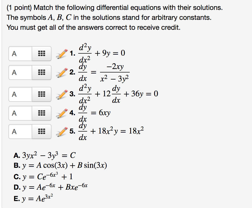 Solved Match the following differential equations with their | Chegg.com Solved Match the following differential equations with their | Chegg.com