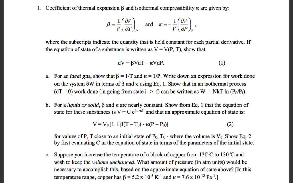Solved I. Coefficient of thermal expansion β and isothermal | Chegg.com