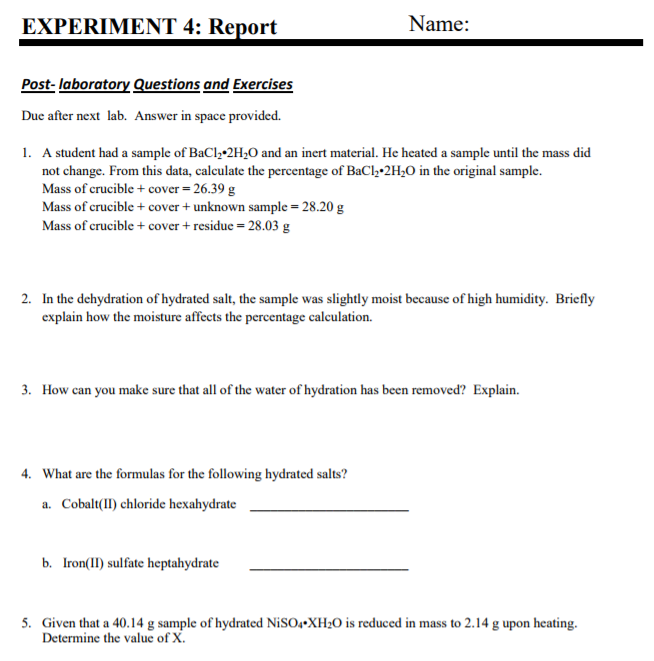 Solved Experiment 4: Prelab Name: Due before lab begins. | Chegg.com