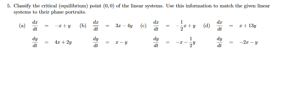 Solved 5. Classify the critical (equilibrium) point (0,0) of | Chegg.com