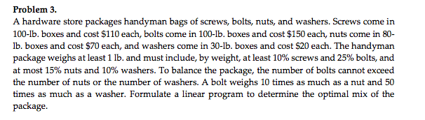 Problem 3. A hardware store packages handyman bags of | Chegg.com