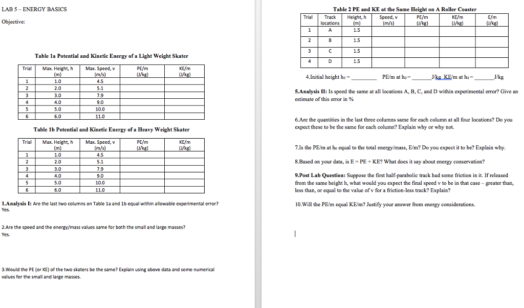 Solved LAB 5- ENERGY BASICS Table 2 PE and KE at the Same | Chegg.com