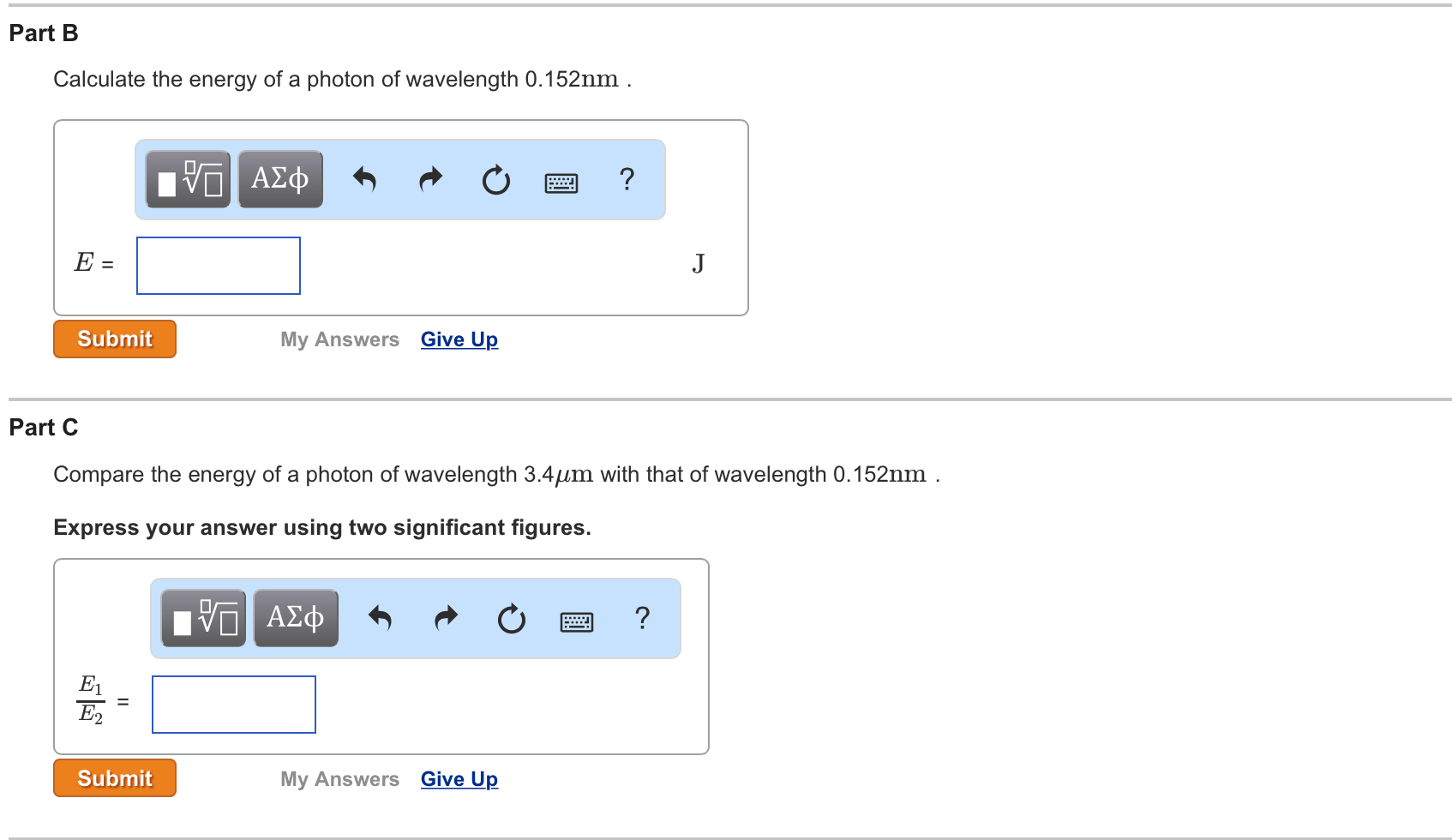 Solved Part B Calculate the energy of a photon of wavelength | Chegg.com