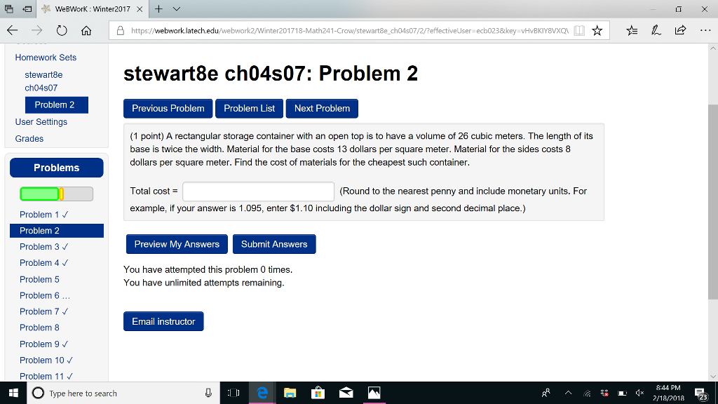 Solved ← → 。仚 |凸https://webwork.latech r201 718 | Chegg.com