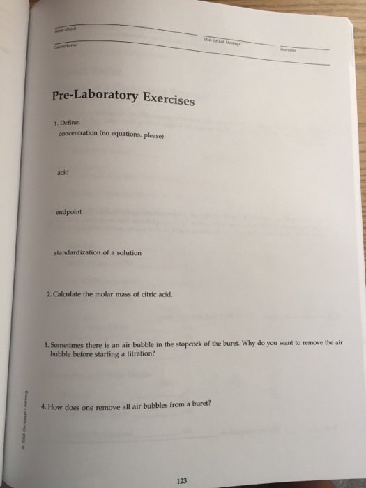 Solved Pre-Laboratory Exercises 1. Define: concentration (no | Chegg.com