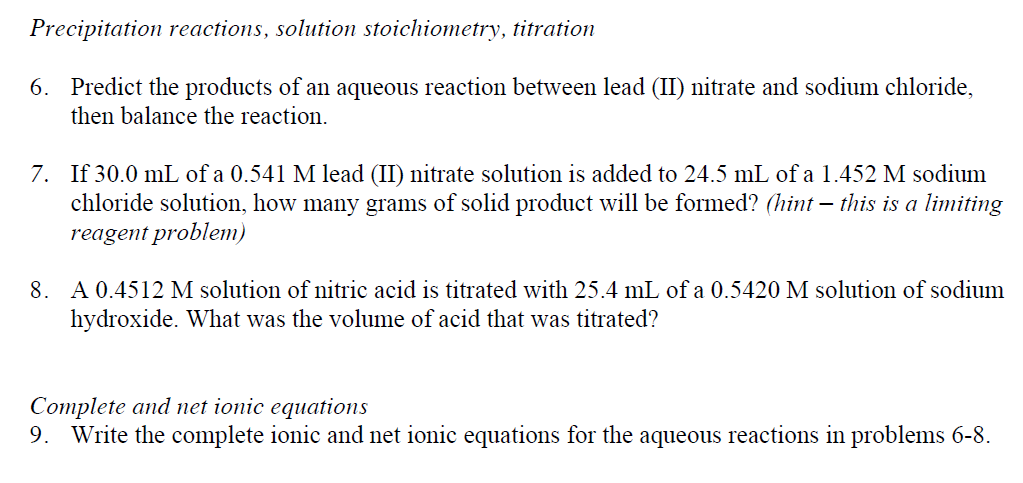 Solved Precipitation reactions, solution stoichiometry, | Chegg.com