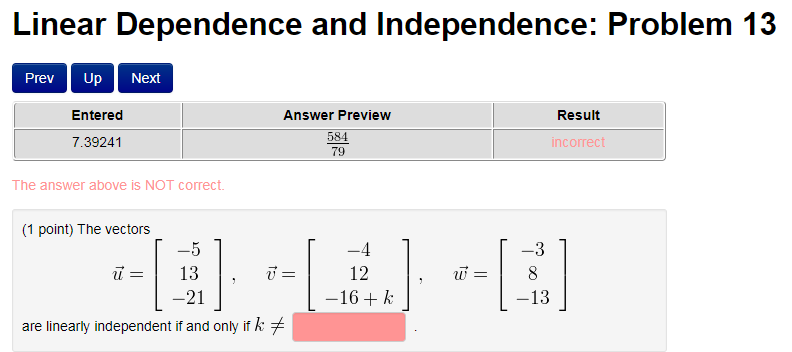 Solved The vectors u = [-5 13 -21], v = [-4 12 -16 + k], w | Chegg.com