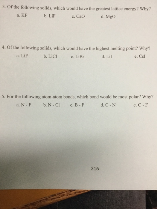 Solved Of the following solids, which would have the | Chegg.com