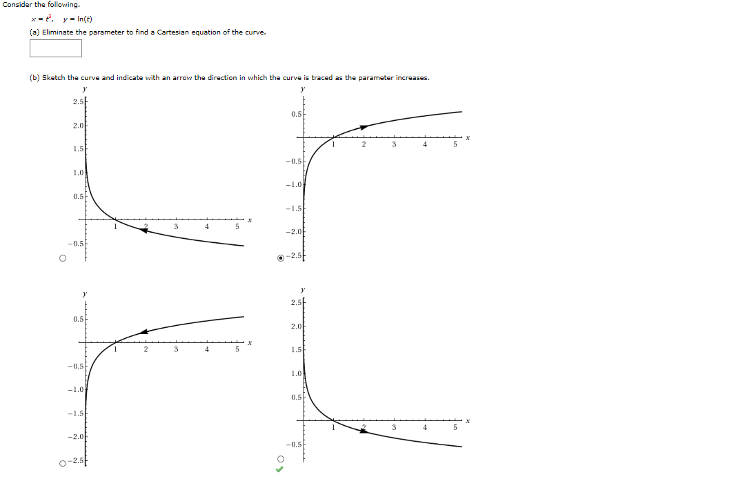 Solved Consider the following. x= t^3, y= ln(t) Eliminate | Chegg.com