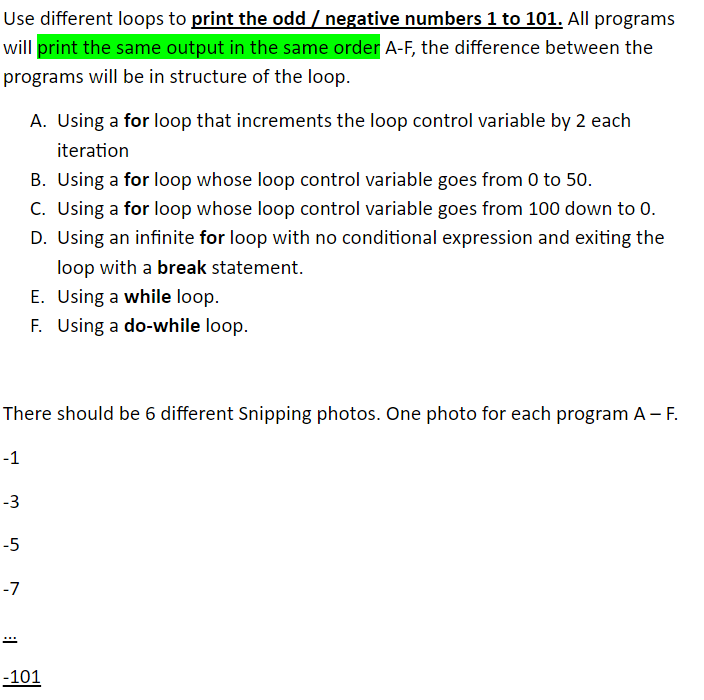 Solved Use different loops to print the odd/negative numbers | Chegg.com