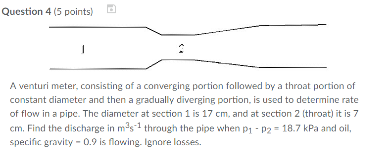 Solved Question 4 (5 points) A venturi meter, consisting of | Chegg.com