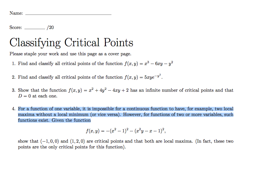 Solved Name Score 20 Classifying Critical Points Please