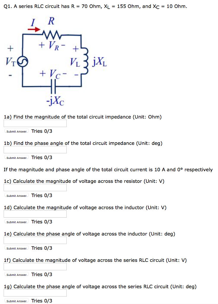 Solved Q1. A series RLC circuit has R = 70 Ohm, XL = 155 | Chegg.com