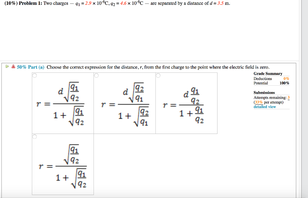 Solved (10%) Problem 1: Two charges-91 = 2.9 × 10-6C, q2-4.6 | Chegg.com