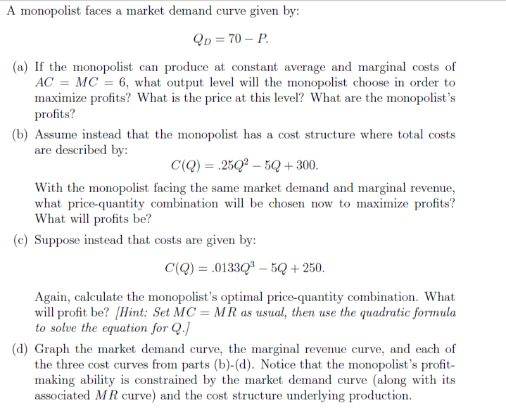 Solved A monopolist faces a market demand curve given by: QD | Chegg.com