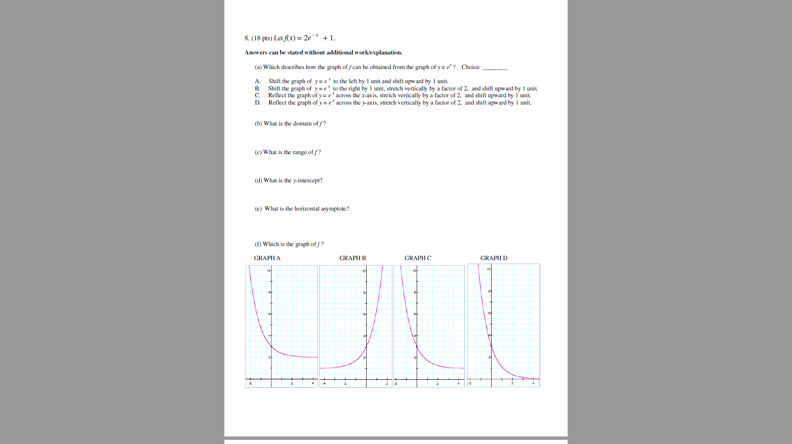 Solved Let f(x) = 2e^-x + 1. Which describes how the graph | Chegg.com