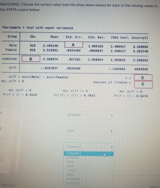 Solved MATCHING. Choose the correct value from the drop-down | Chegg.com