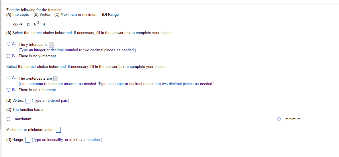 Solved Find the following for the function. Intercepts | Chegg.com