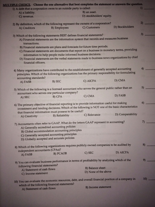 Solved MULTIPLE CHOICE Choose the one alternative that best | Chegg.com
