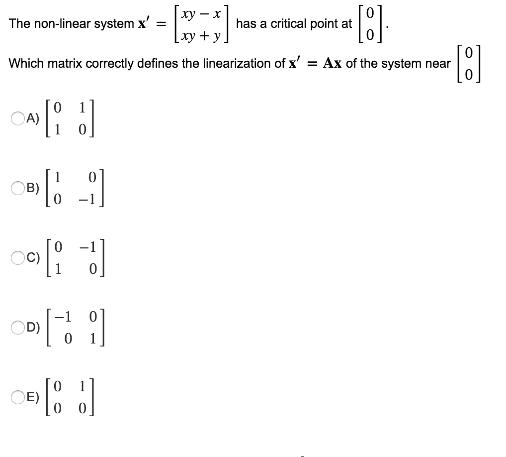 Solved The non-linear system x?=[xy?xxy+y]x?=[xy?xxy+y] has | Chegg.com