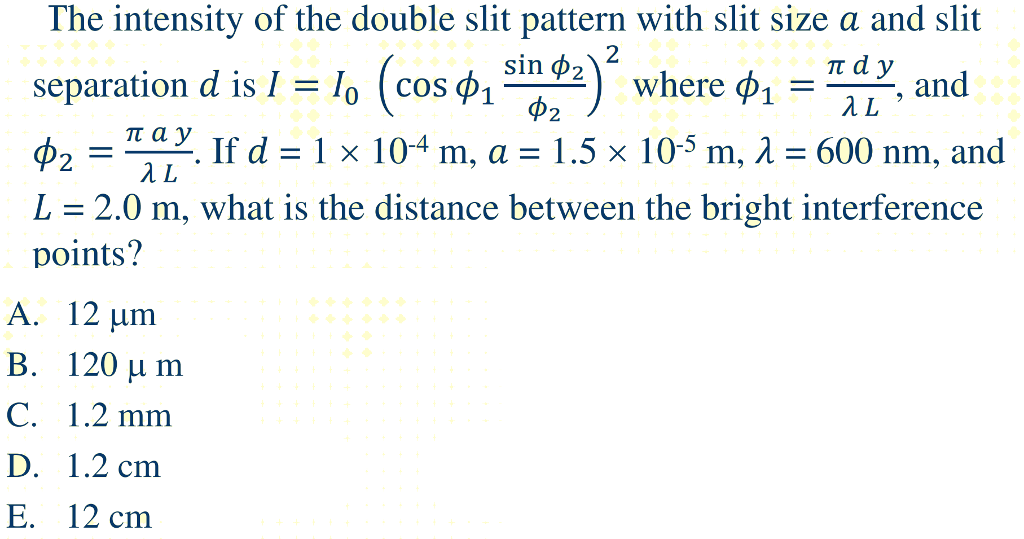 Solved The intensity of the double slit pattern with slit | Chegg.com