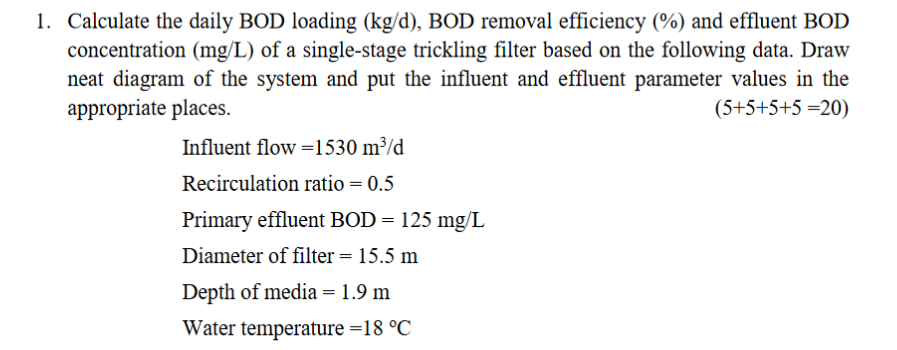 Solved I. Calculate the daily BOD loading (kg/d). BOD | Chegg.com