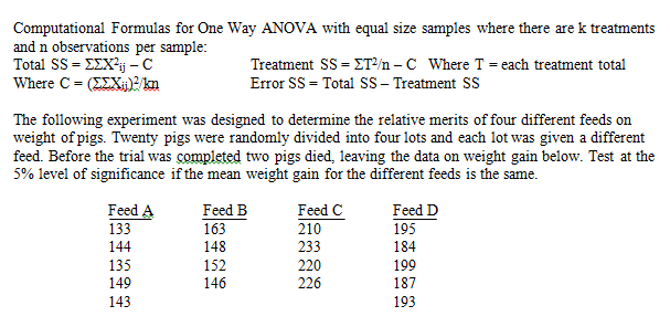 Solved Computational Formulas for One Way ANOVA with equal | Chegg.com